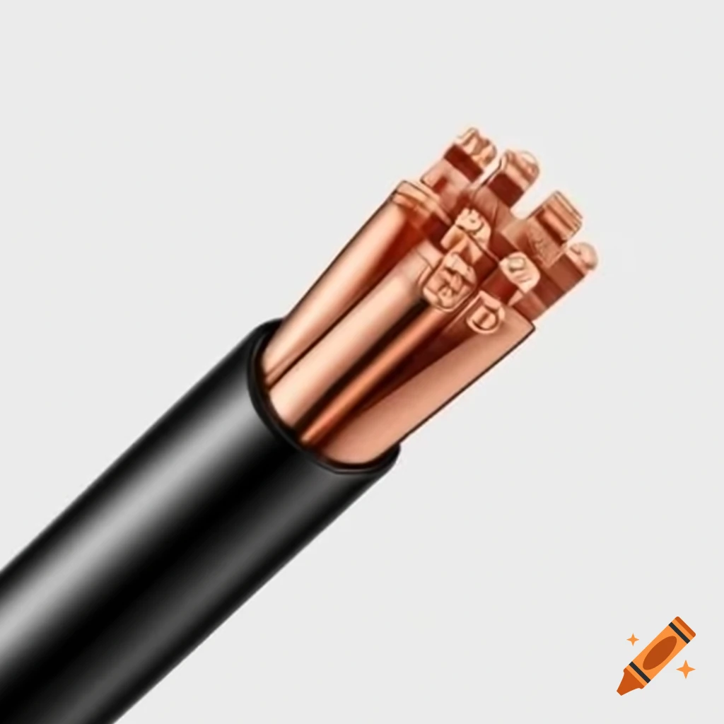 Black-insulated copper cable cut to show internal copper strands on Craiyon