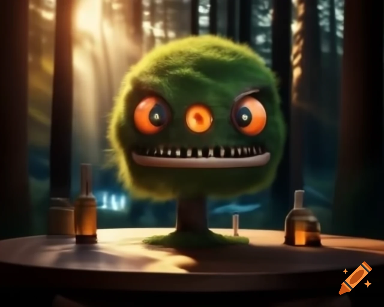 Hyper-realistic orange tree monster with human face in forest setting ...