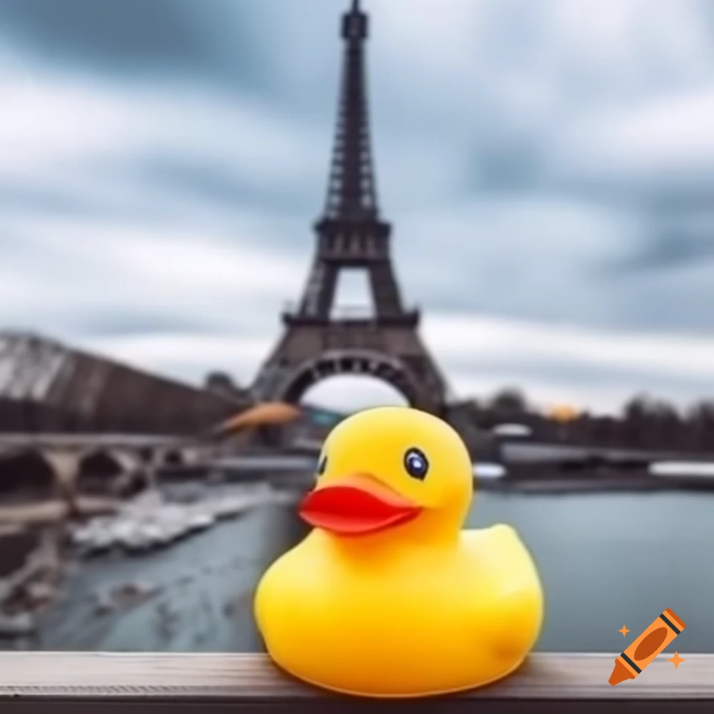 Yellow rubber duck with orange beak in front of Eiffel Tower, Paris on ...
