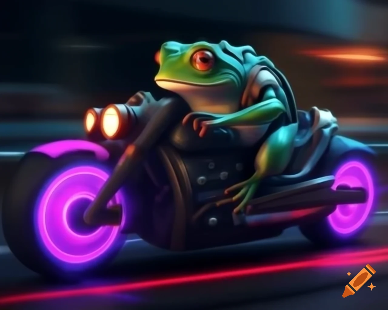 Anthropomorphic frog in cyberpunk suit riding glowing tron motorbike at ...