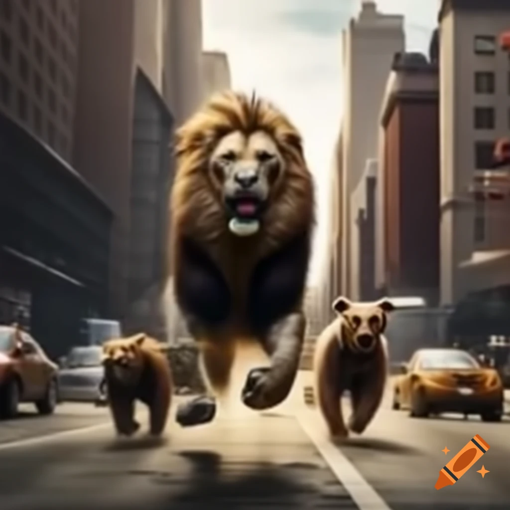 Lion and bear running in New York City on Craiyon