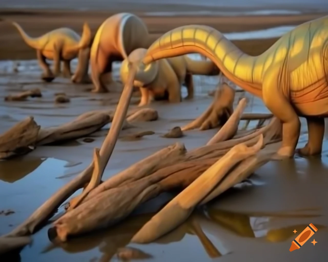 Striped Hadrosaurus roaming a puddly mudflat with driftwood in British ...