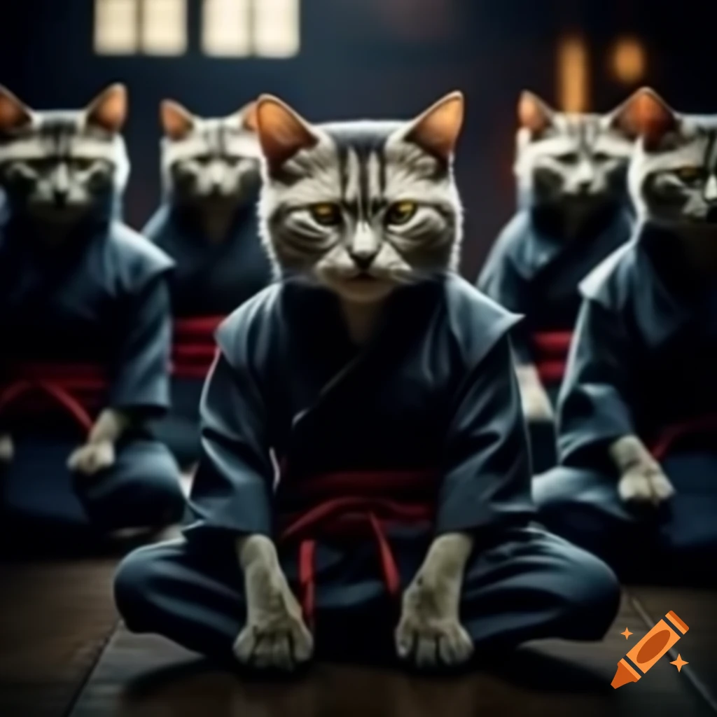 Ninja cats in black stealth suits crouching in dark dojo with glowing ...