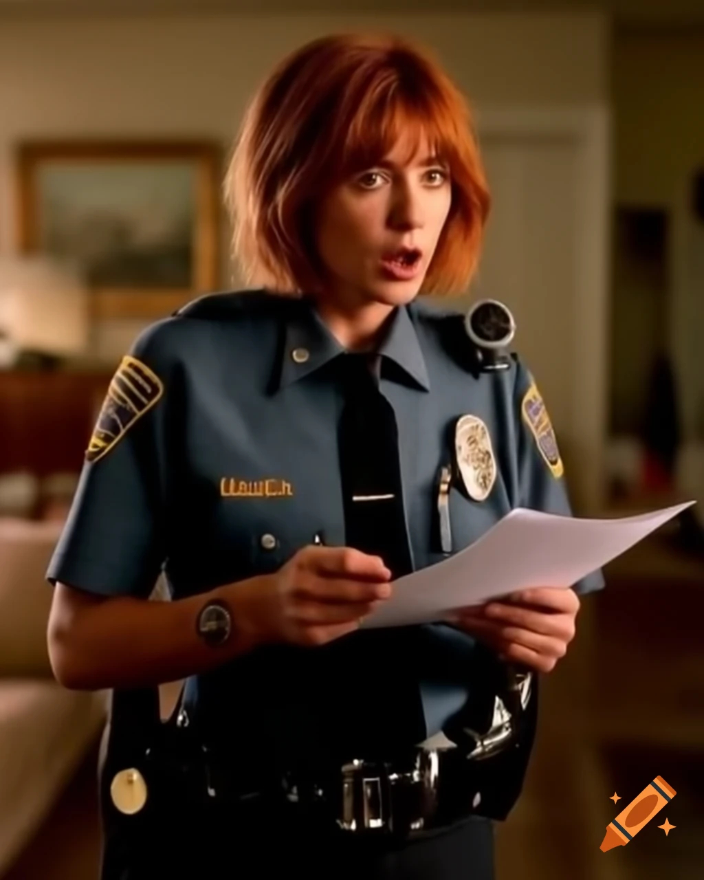 French female police officer taking notes at a crime scene in dusty ...