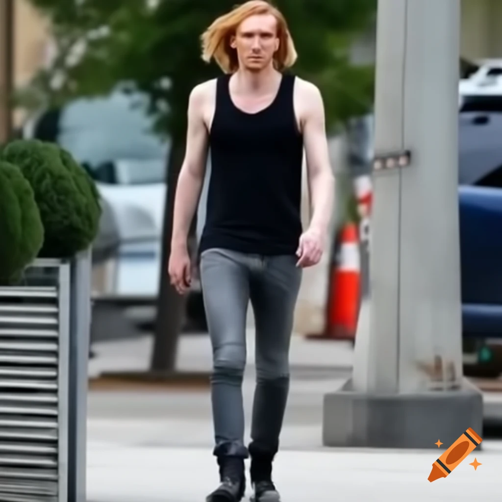 Jamie Campbell Bower walking in black tank top, dark gray jeans, and ...