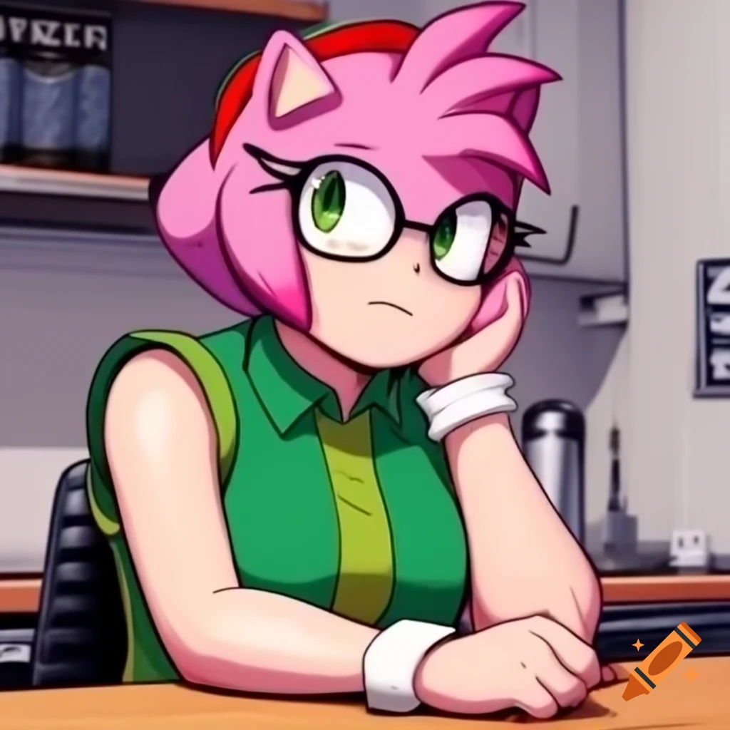Character amy rose at counter wearing glasses and sleeveless pine green ...