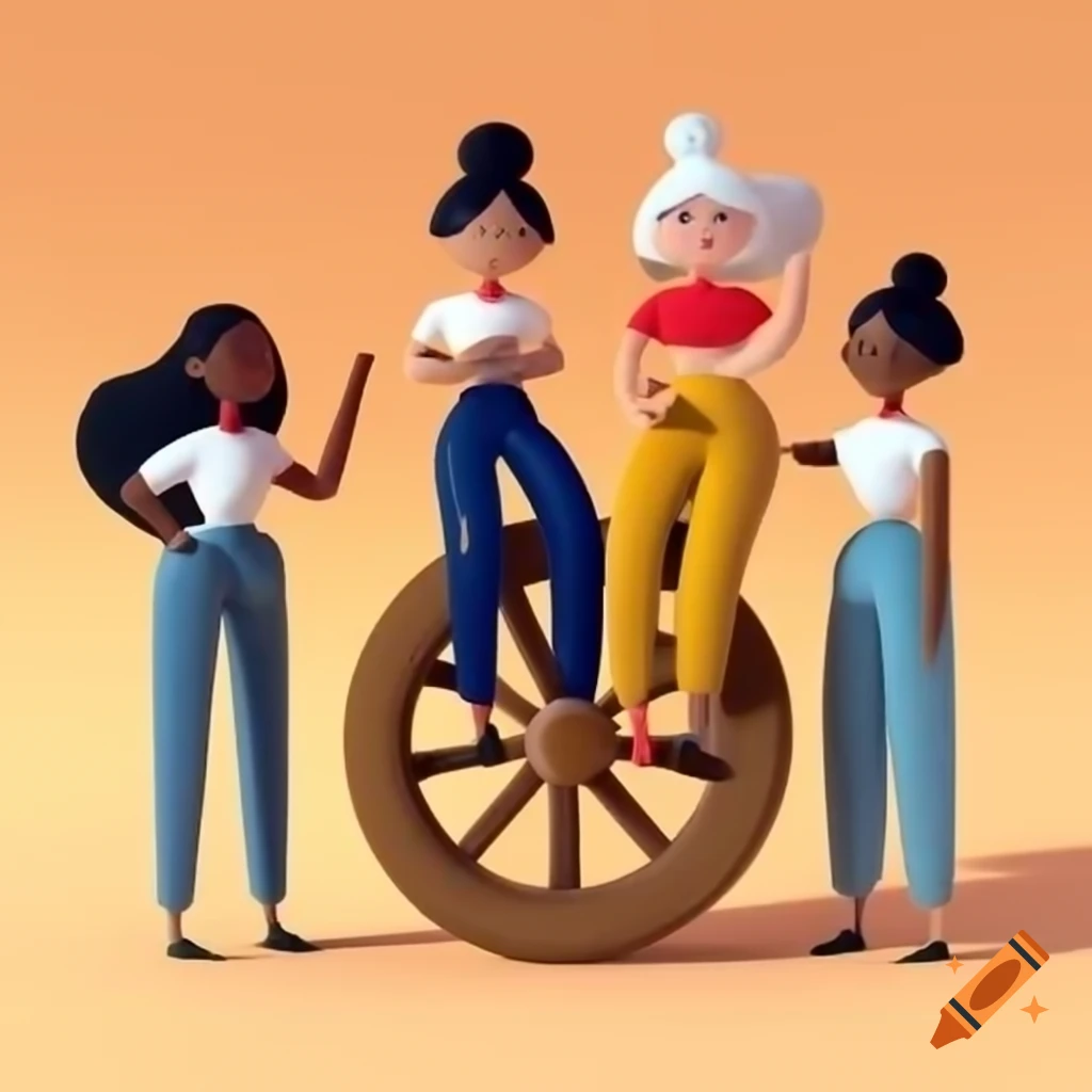 Four modern women using a potter's wheel in cartoon style on Craiyon
