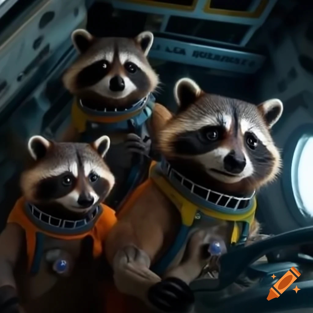 Three raccoons as astronauts inside a space shuttle on Craiyon