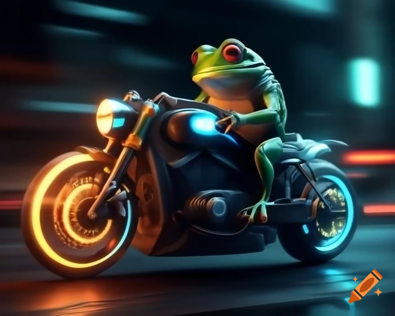 Anthropomorphic frog in cyberpunk suit riding glowing Tron motorbike at ...