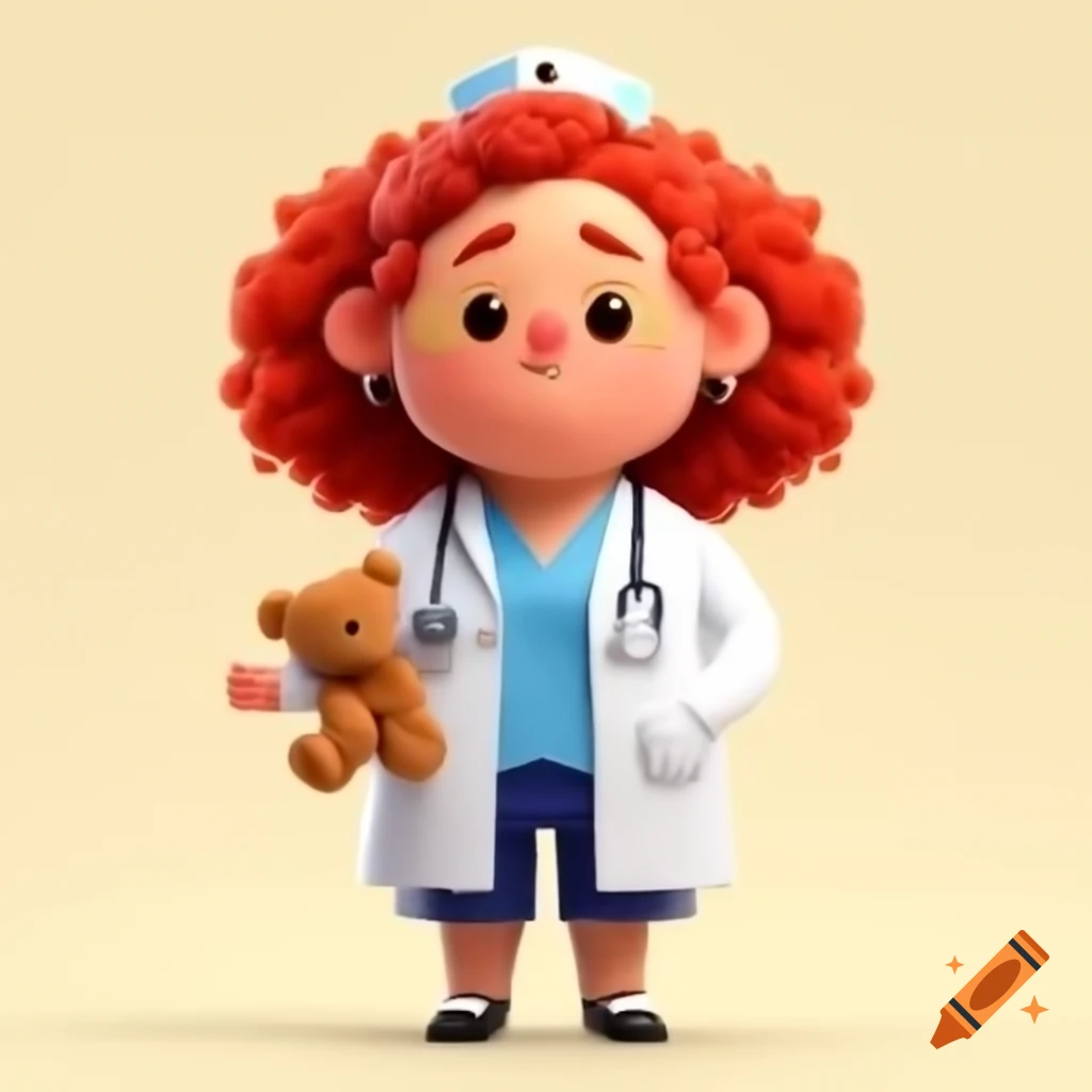Cartoon upset teddy bear doctor with medical items on Craiyon