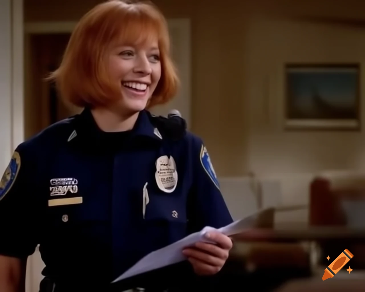 French female police officer taking notes at crime scene in dusty ...