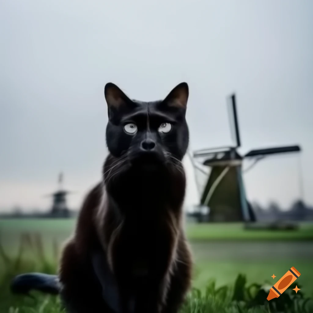 Black cat in front of dutch windmill on Craiyon