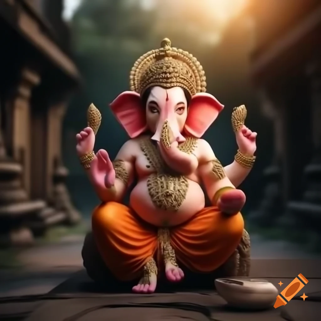 Lord Ganesh walking through village streets during sunset with excited ...
