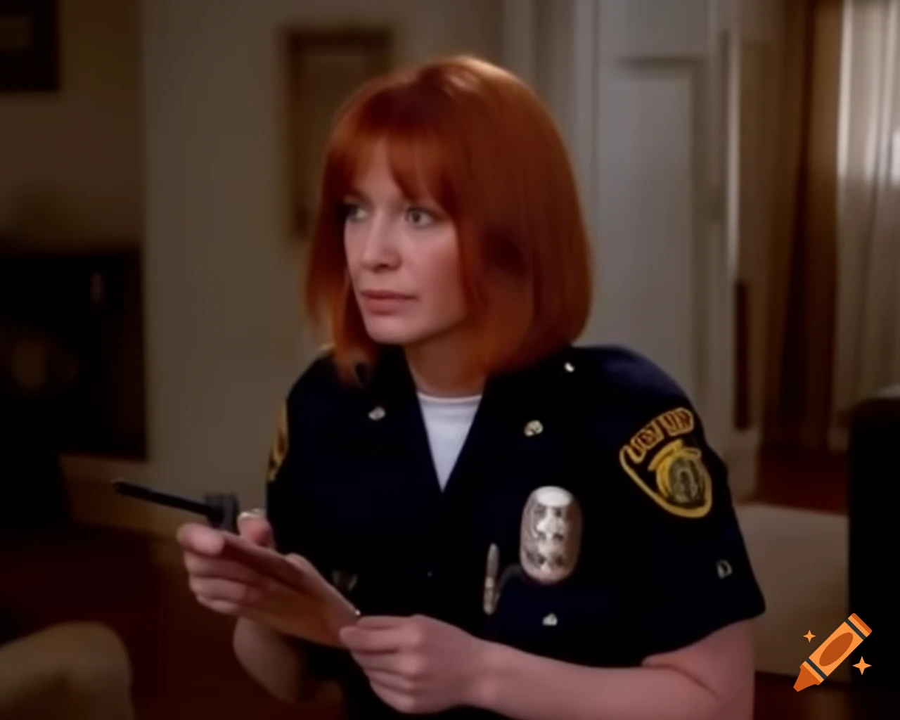 French police officer taking notes at crime scene in dusty living room ...