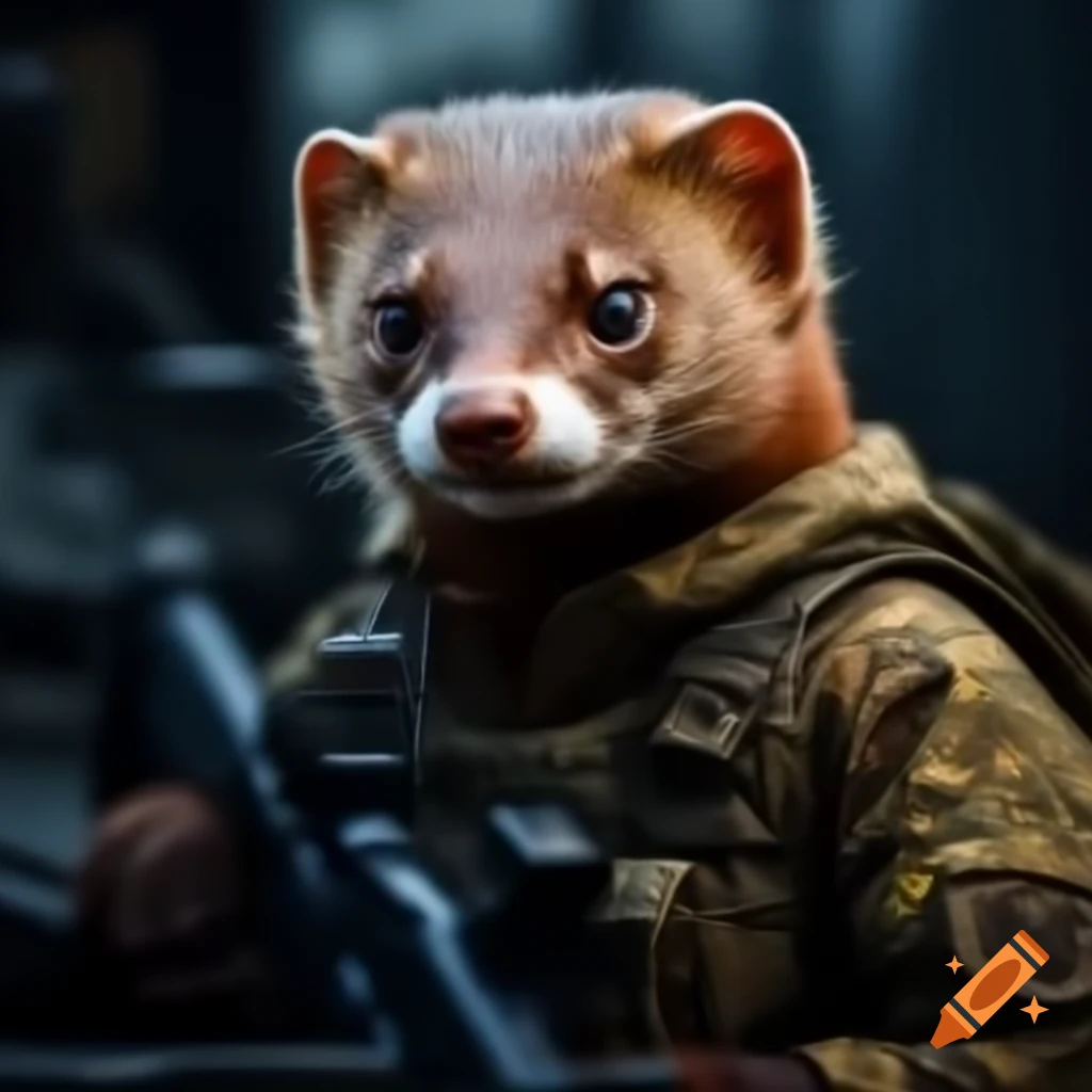 Angry European weasel in tactical military uniform commanding a T72 ...