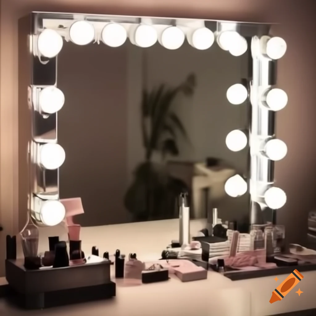 Makeup room featuring a large mirror with beautiful lighting on Craiyon