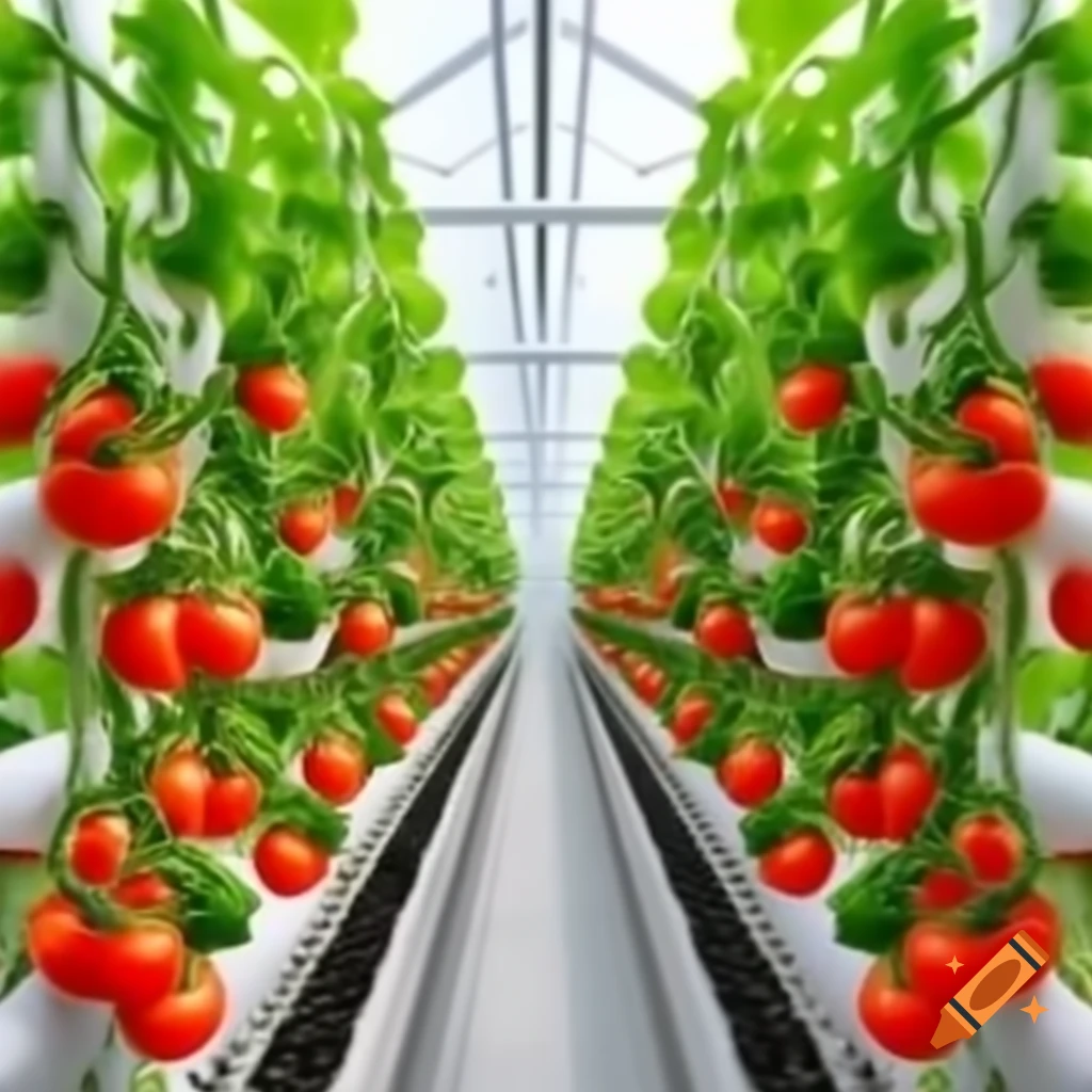 Modern hydroponic greenhouse with thriving tomato plants on Craiyon