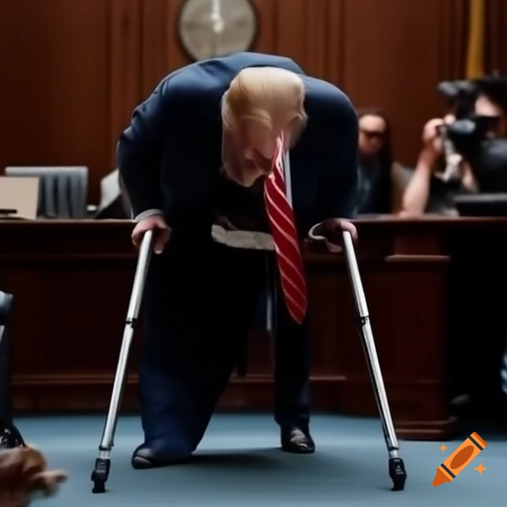 Satirical depiction of an elderly man with a walker in a court setting ...