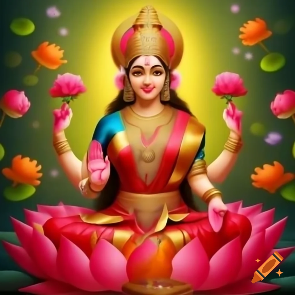 Bright painting of goddess lakshmi, hindu goddess of wealth with serene ...
