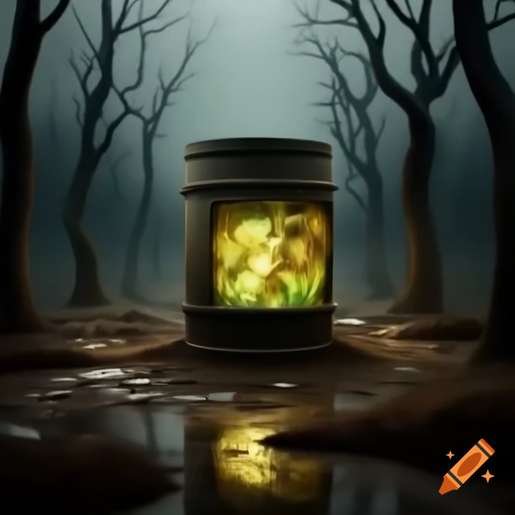 Photorealistic glowing barrel of nuclear waste in desolate wasteland ...
