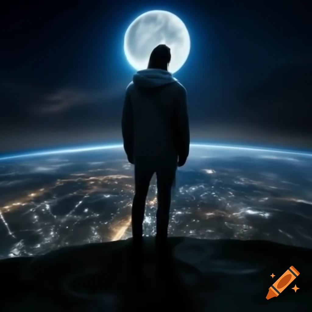 Man standing on the moon gazing at Earth, urban album cover concept on ...