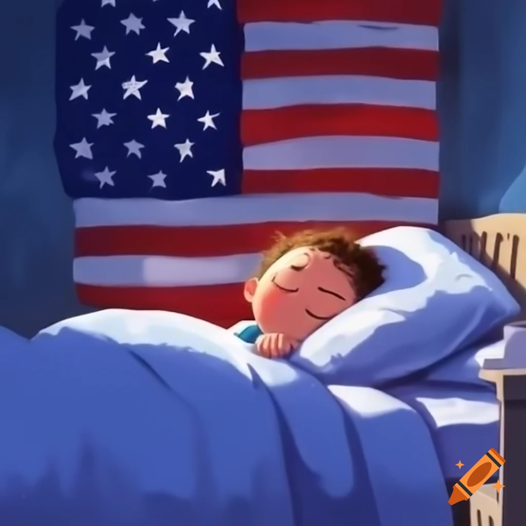 Child sleeping in bed under US flag on Craiyon