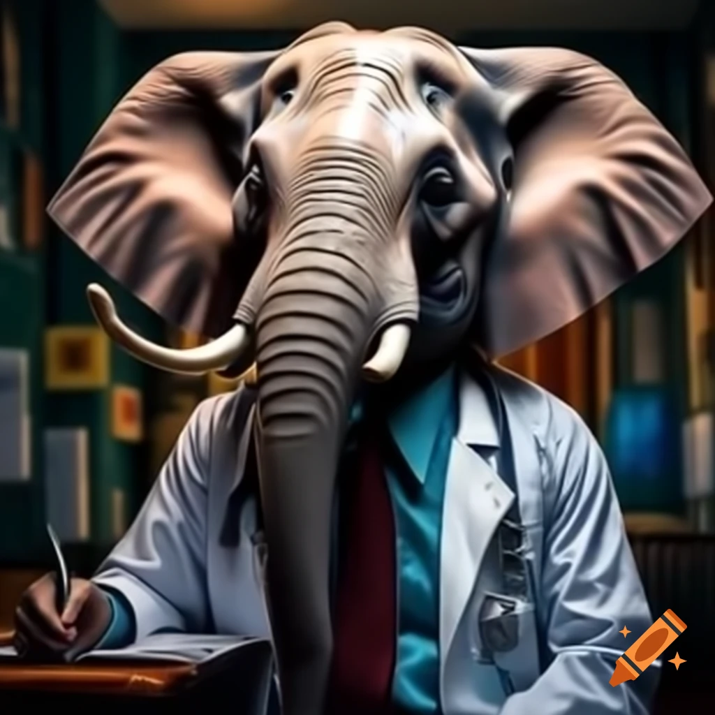 Imaginative depiction of an elephant in a doctor's coat with ...