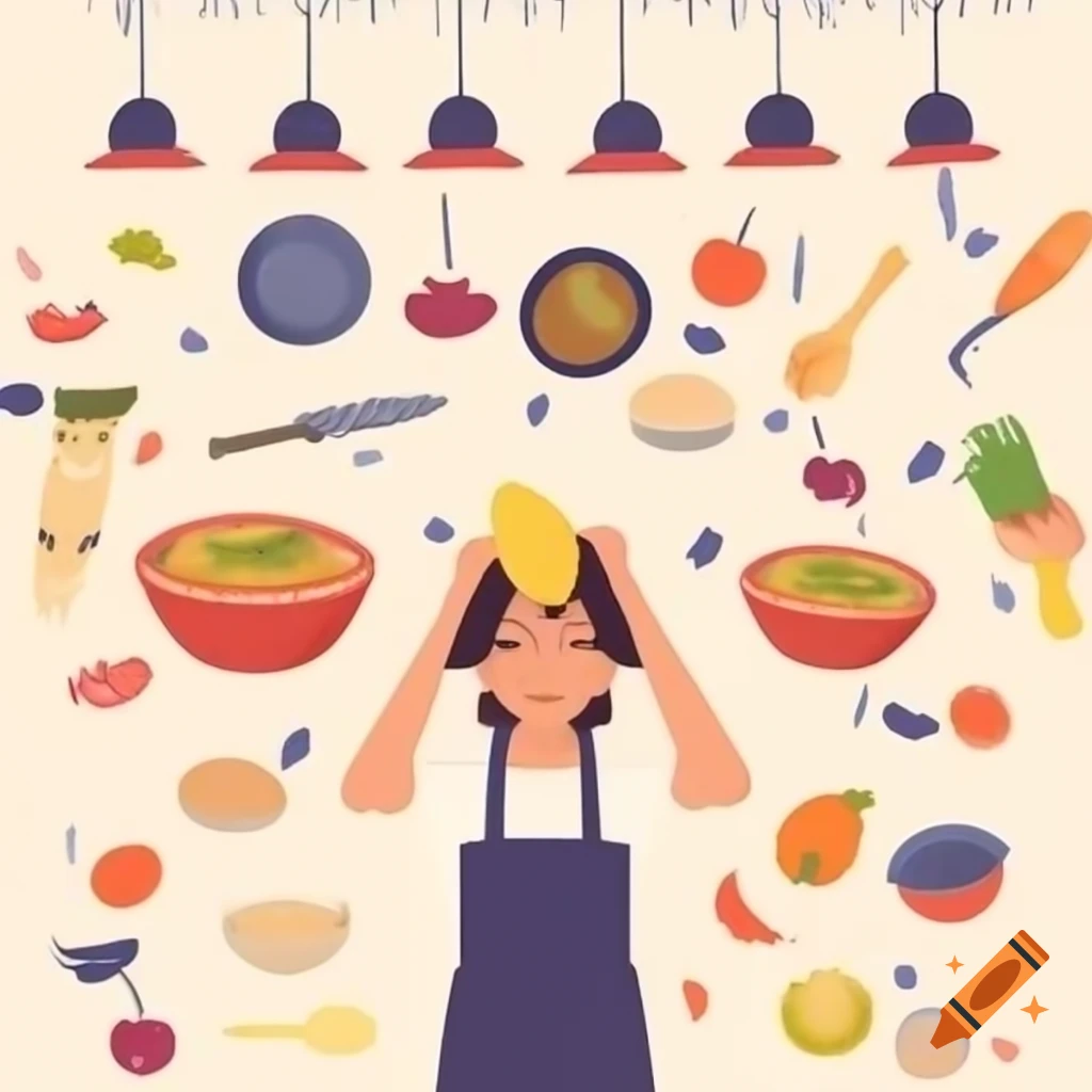 Overwhelmed person in cluttered kitchen with cooking ingredients on Craiyon