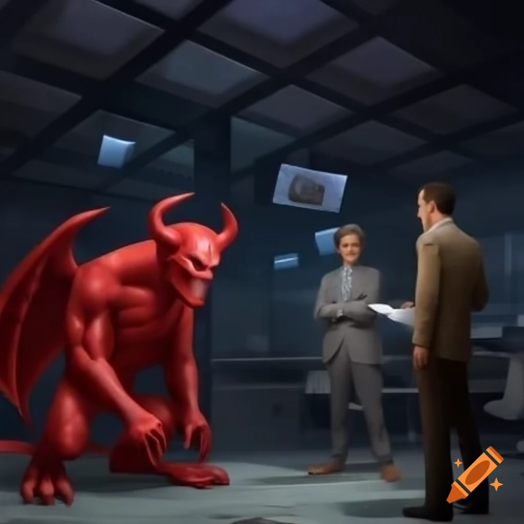 Man presenting devil as new coworker in open space on Craiyon