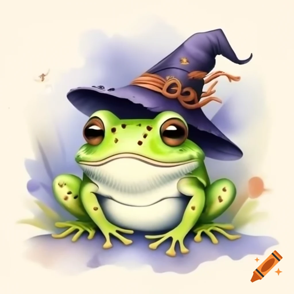 Frog in witch hat with a mischievous expression on Craiyon
