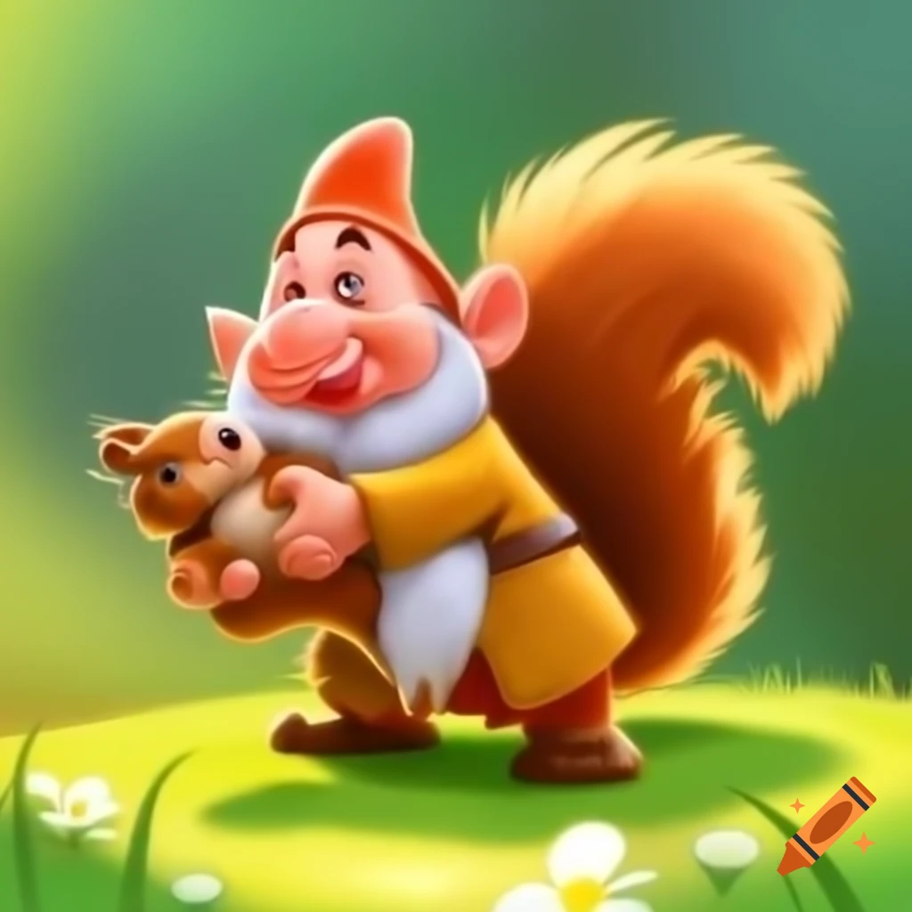 Cartoon dwarf cuddling a cute squirrel on Craiyon