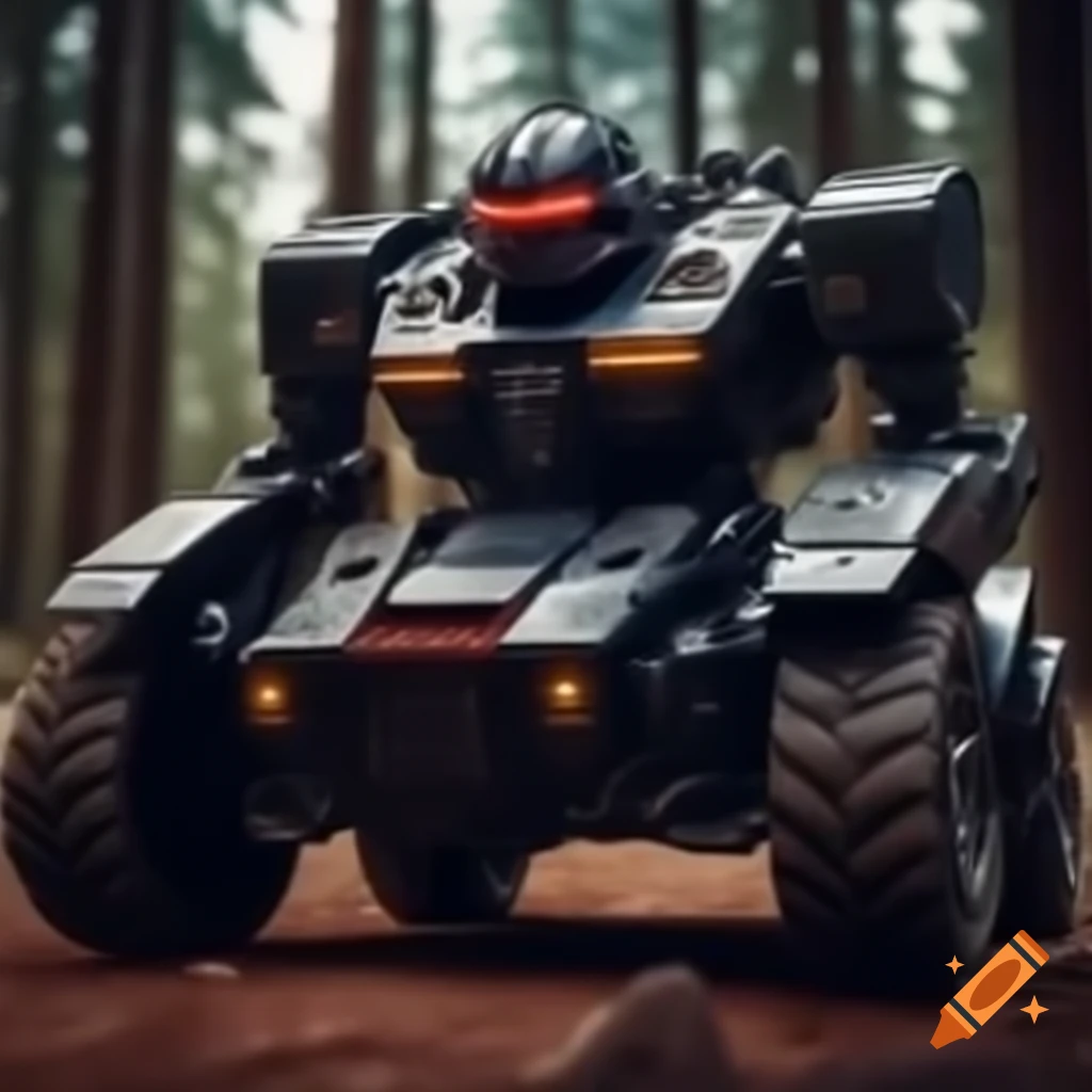 Black armored robot knight driving sports car through forest on Craiyon