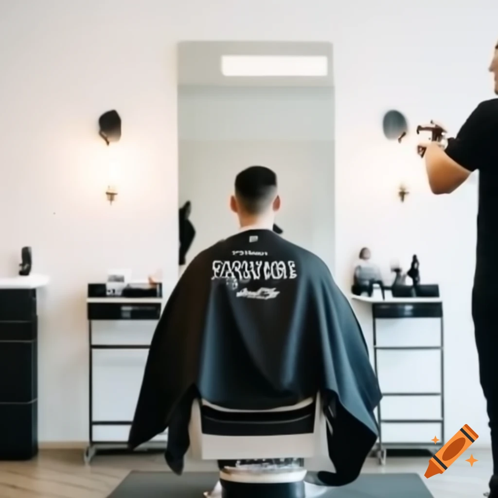 Modern minimalist barbershop interior with satisfied client after ...