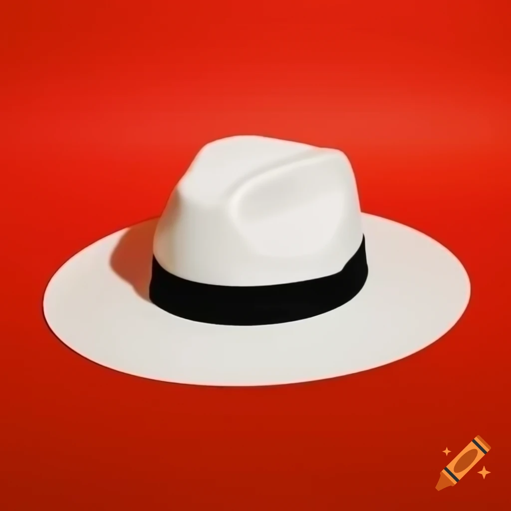 White fedora with black band on bright red background on Craiyon