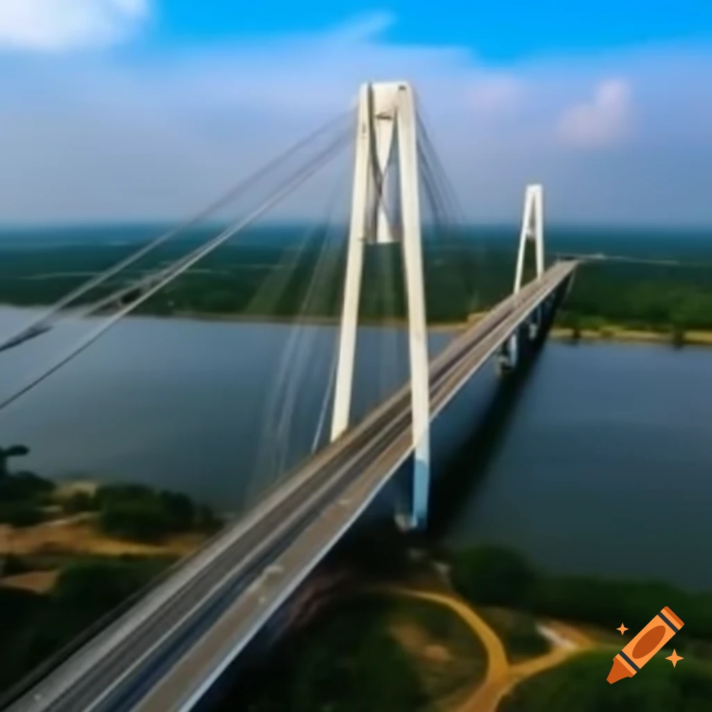 Jamuna Multipurpose Bridge with approach road over Jamuna River on Craiyon
