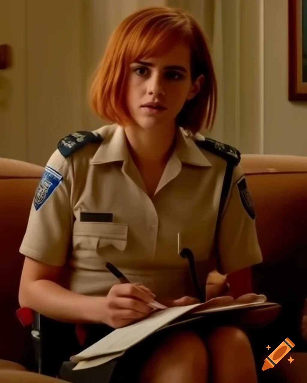 Female police officer taking notes at crime scene in dusty living room ...