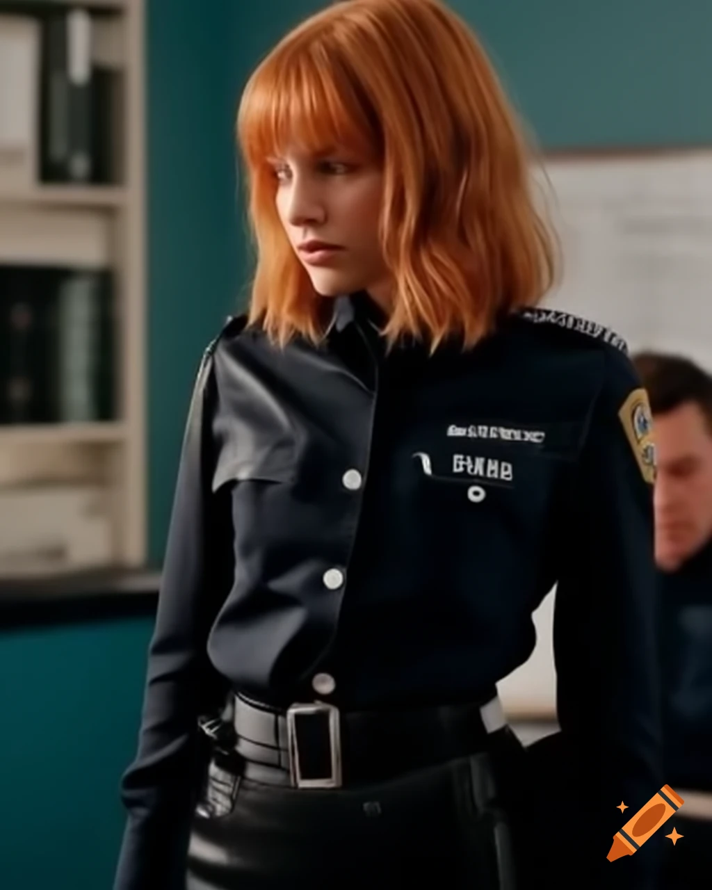 Close-up view of young female french policewoman in uniform in office ...