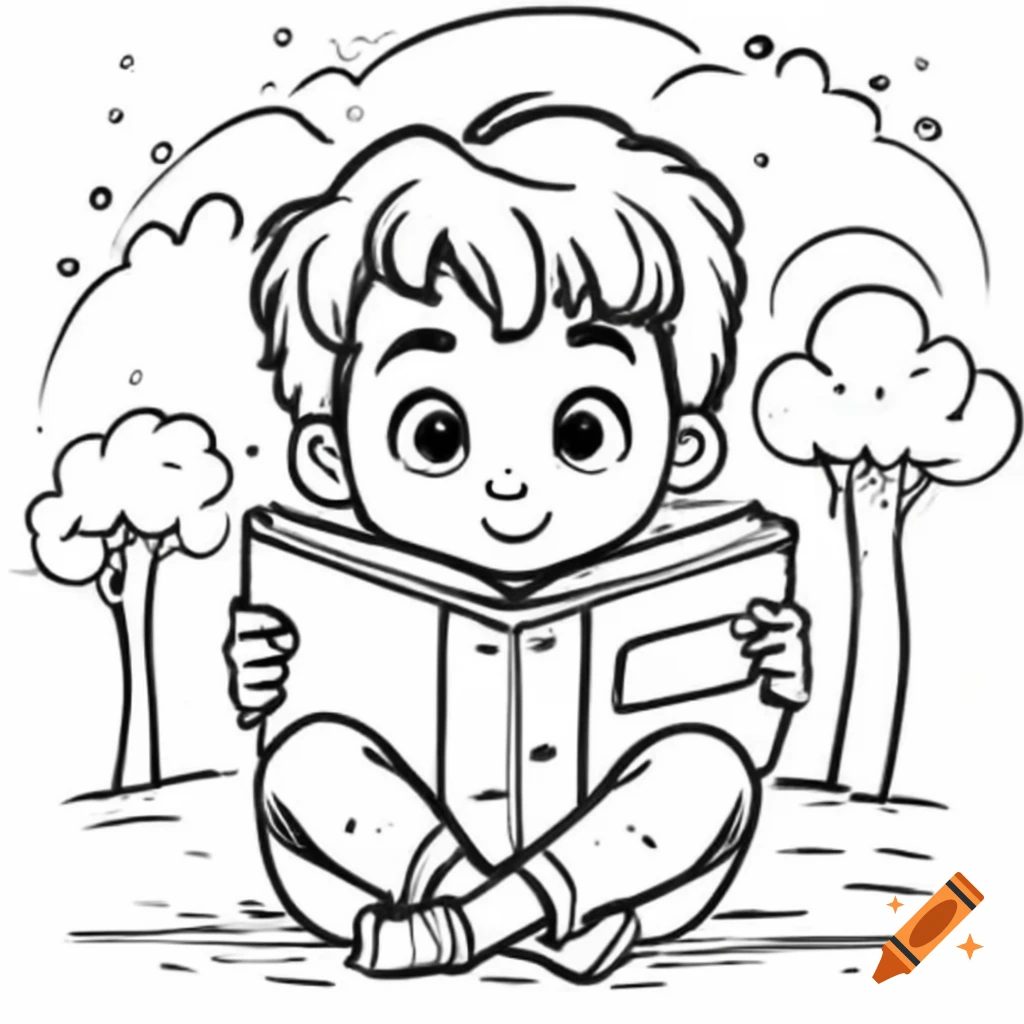 Child reading a book under a tree in black and white on Craiyon