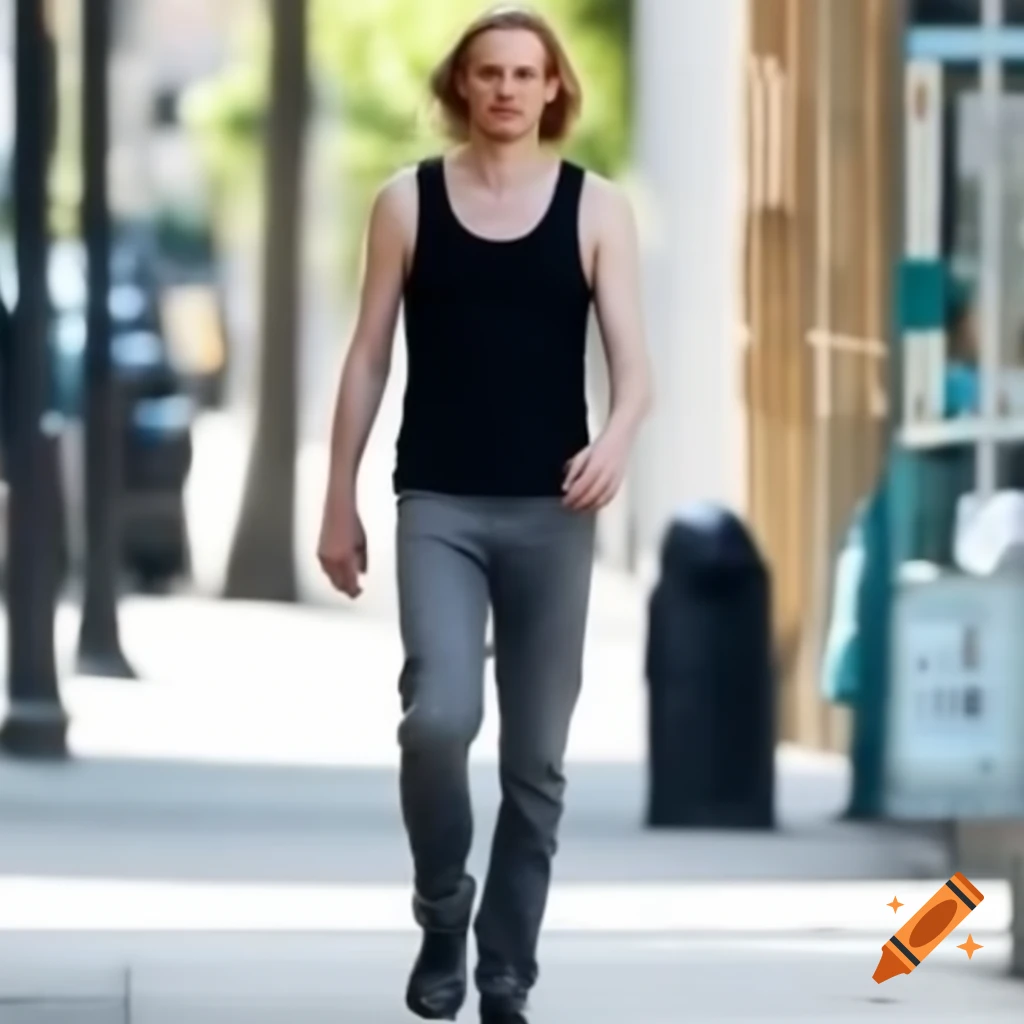 Jamie campbell bower walking in black tank top and dark gray jeans on ...