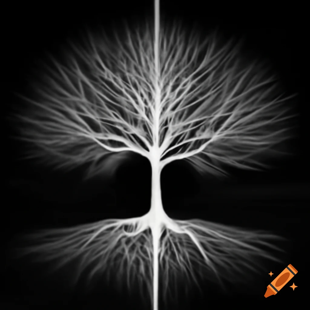 Black and white tree divided in half with light leaves and dark barren ...