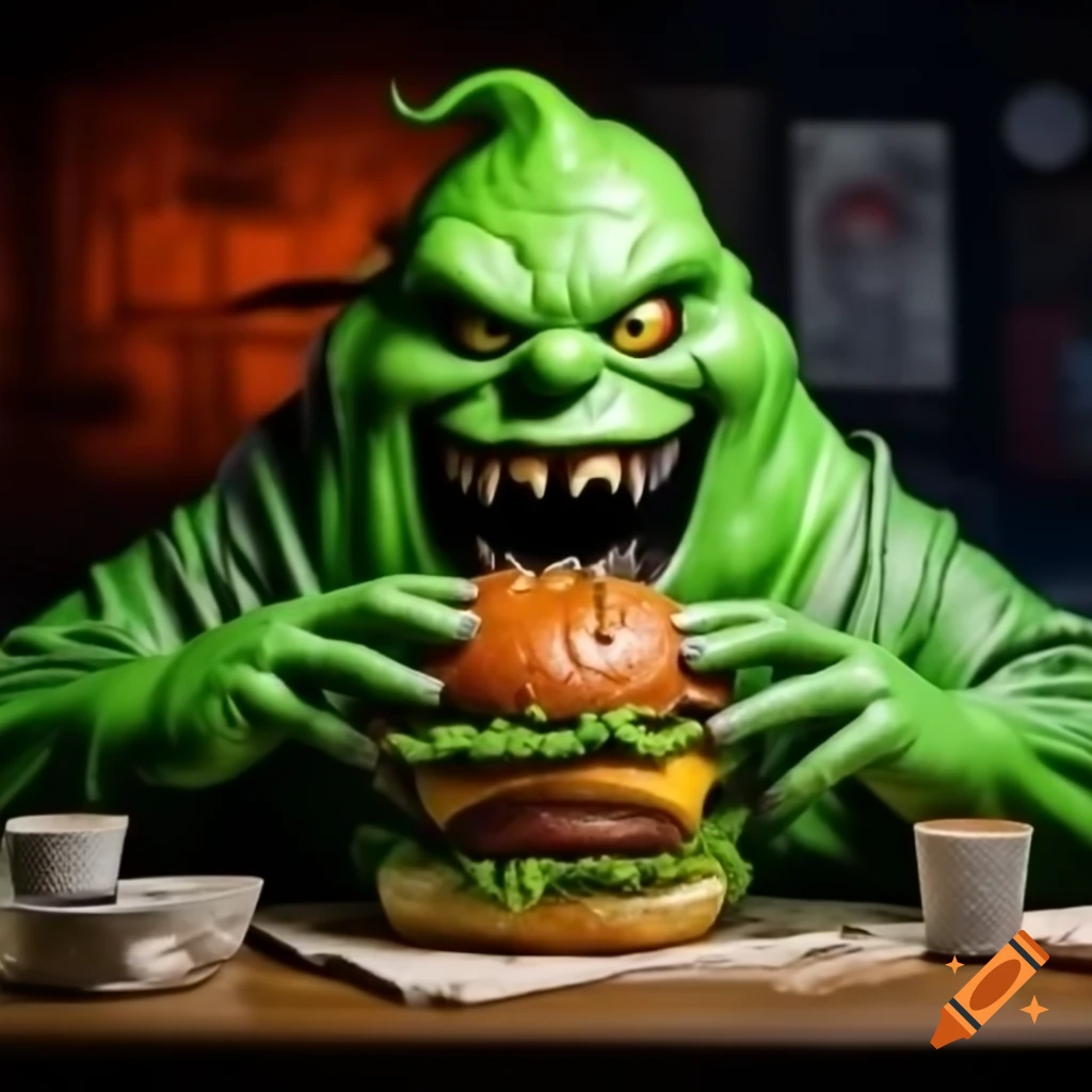 Realistic caricature of green slimer ghost eating a burger on Craiyon