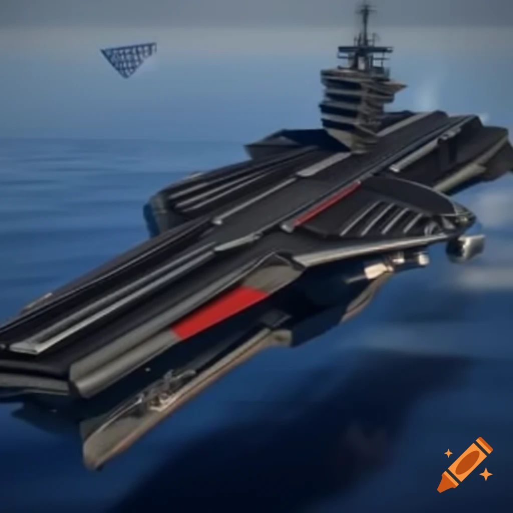 Futuristic flying combat aircraft carrier in black and red with weapons ...