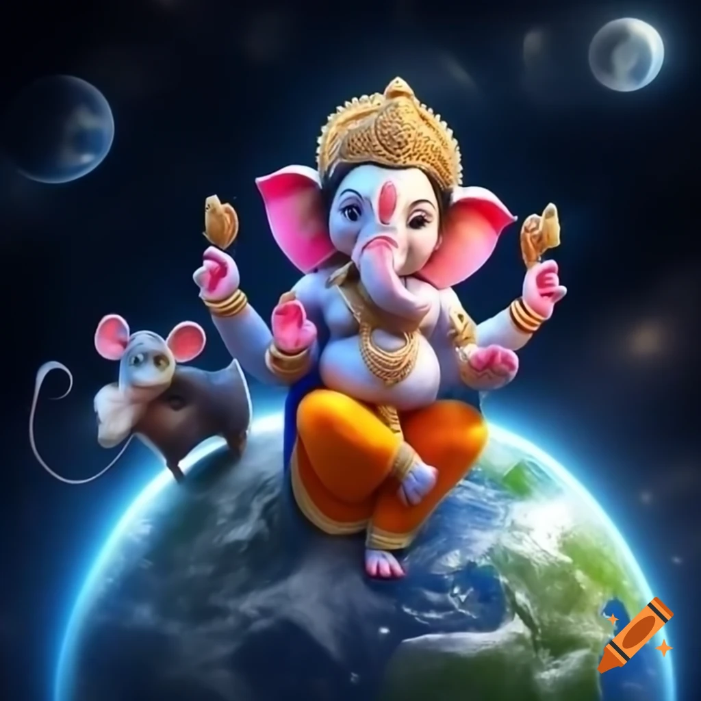 Ganesha riding his mouse down to earth on Craiyon