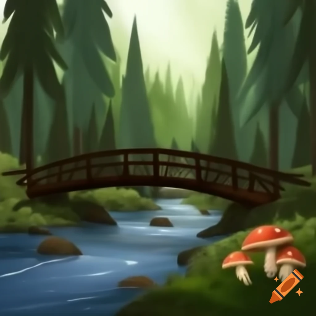 Wooden bridge over river in woods with mushrooms on Craiyon