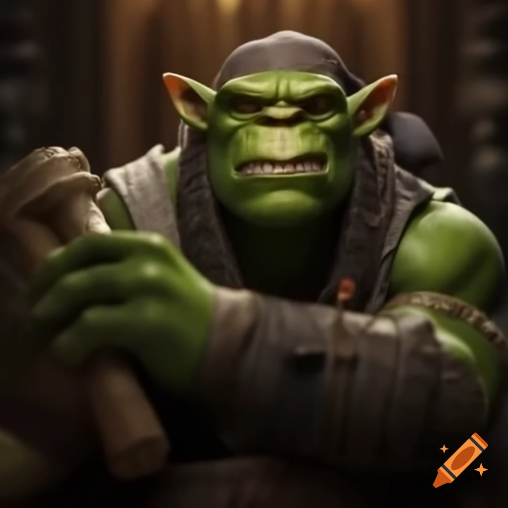 Smirking green orc professor in university mantle and cap holding ...