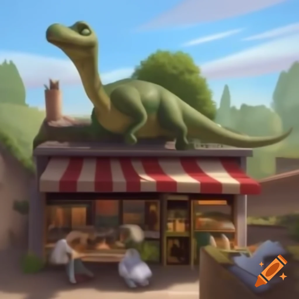Friendly flying dinosaur on grocery store roof with people gathering on ...