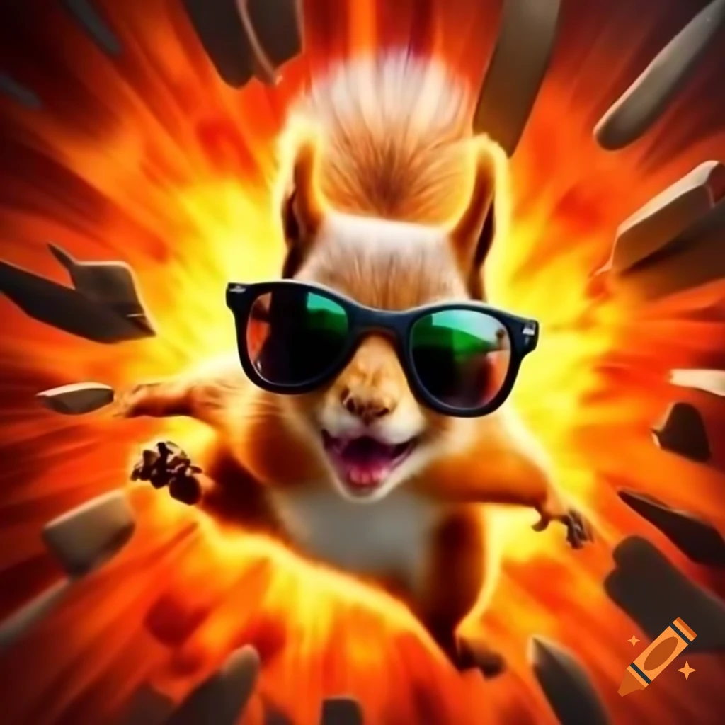 Squirrel wearing sunglasses escaping from explosion on Craiyon