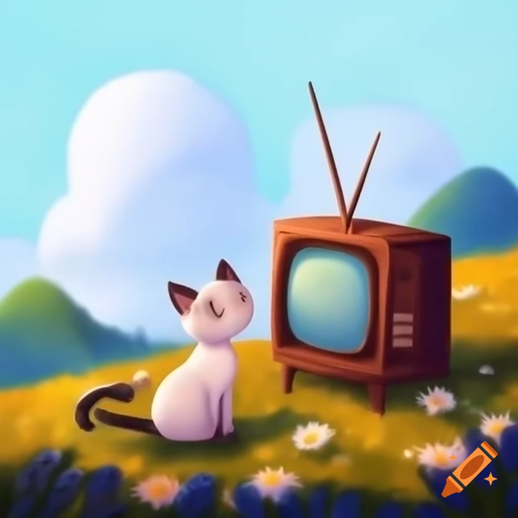 Siamese cat sitting in front of box TV on wildflower hill on Craiyon