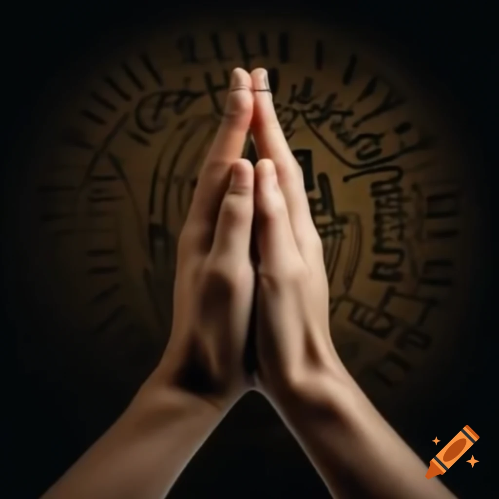 Hands in prayer pose with text 'michhami dukaddam' on Craiyon