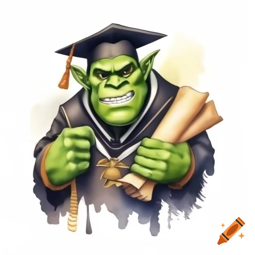 Smirking green orc professor in university mantle and cap holding ...